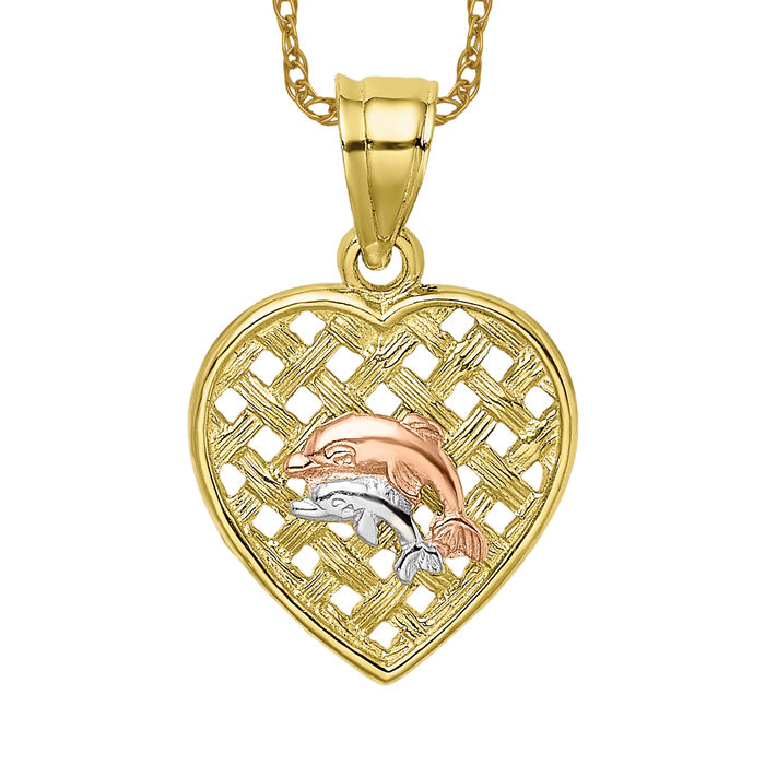 10K Solid Two Tone Gold Dolphin Heart Necklace | eBay
