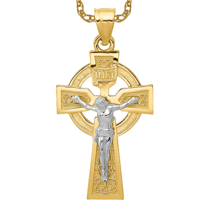 14K Solid Two Tone Gold Heart Celtic Inri Jesus Crucifix Cross Necklace ...