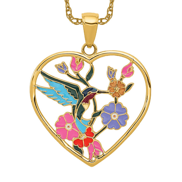 14K Solid Yellow Gold Hummingbird Flowers Heart Necklace | eBay