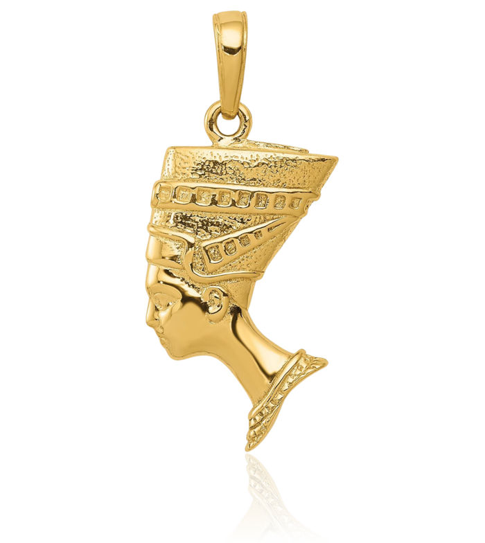 14K Solid Yellow Gold Queen Nefertiti Necklace Egyptian Goddess Pendant African Charm 28x14mm