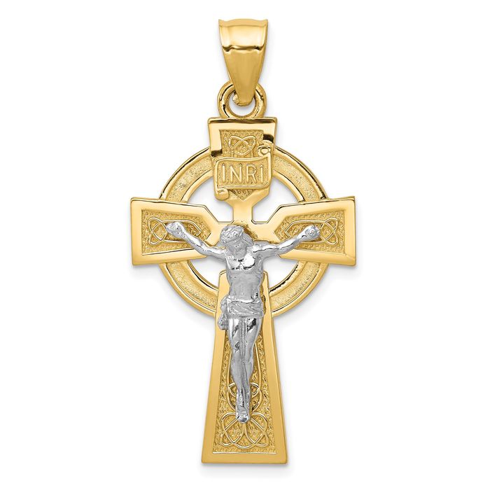 14K Solid Two Tone Gold Heart Celtic Inri Jesus Crucifix Cross Necklace ...