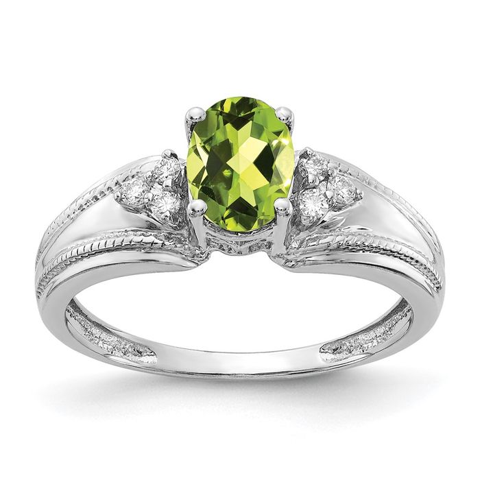 14K Solid White Gold Oval Peridot Diamond Ring | eBay
