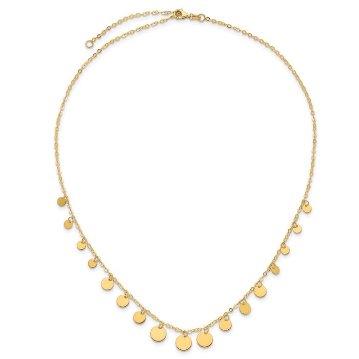 14K Solid Yellow Gold Round Geometric Disc Station Chain Necklace
