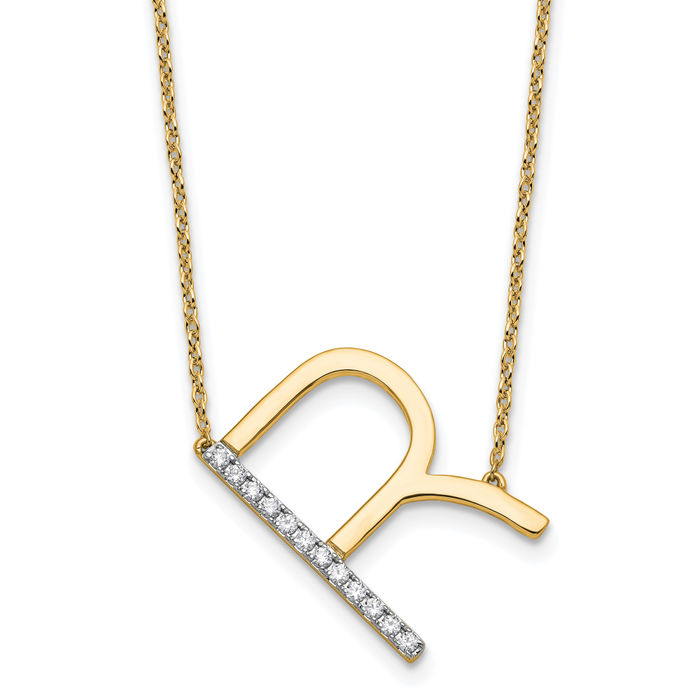 14K Solid Yellow Gold Sideways Diamond Letter R Initial Chain Necklace ...